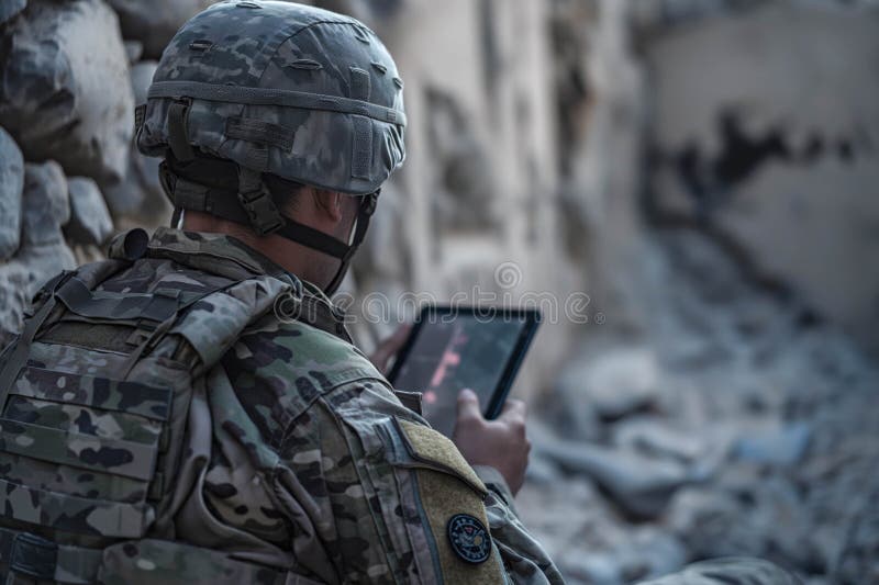 Tablet in Deployment: US Soldier Engaging in Modern Warfare Stock ...