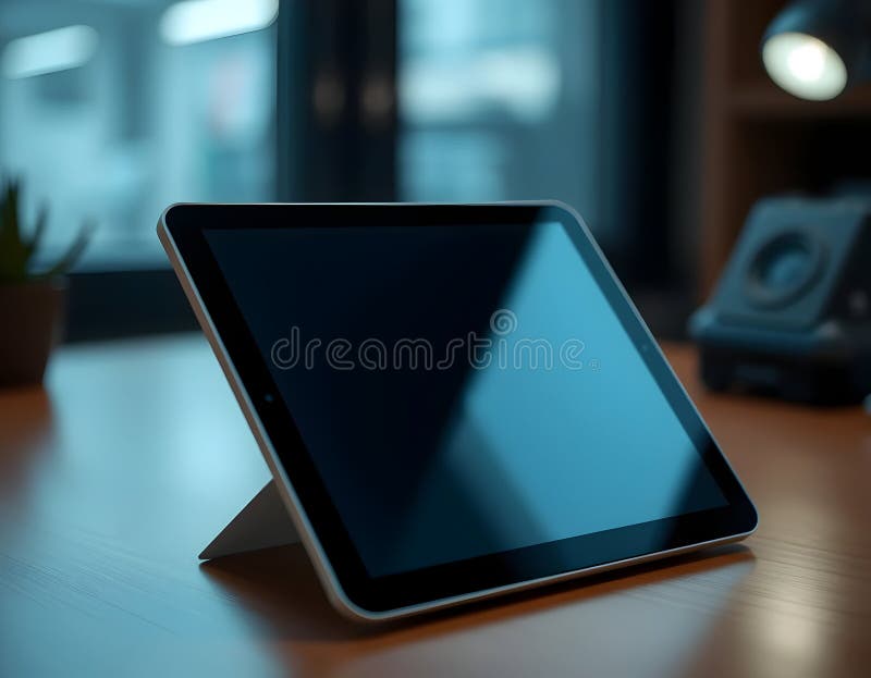 Tablet on Desk Displaying Blank Screen in a Home Office Setting Stock ...