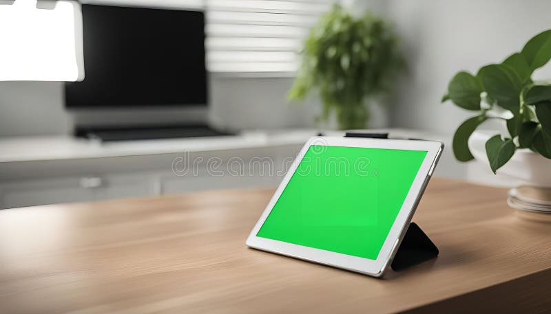 Tablet on Desk with Green Screen Stock Illustration - Illustration of ...