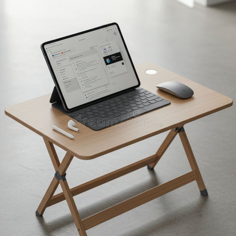 Tablet with a Detachable Keyboard Sits on a Small Wooden Folding Table ...