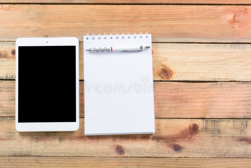 Tablet Device on Wooden Workspace Table Stock Image - Image of concept ...