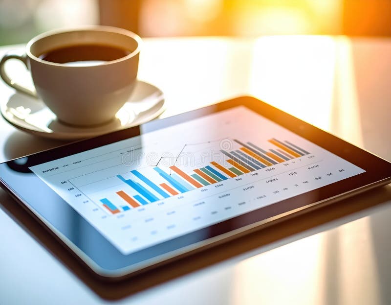 Tablet with Diagrams Coffee Abstract Close-up Clean Stock Illustration ...