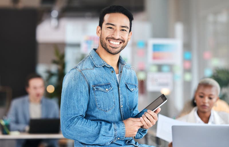 Tablet, Digital and Portrait of Man Designer Happy for Startup ...