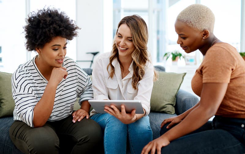 Tablet, Discussion and Women in Creative Meeting for Solution, Speaking ...