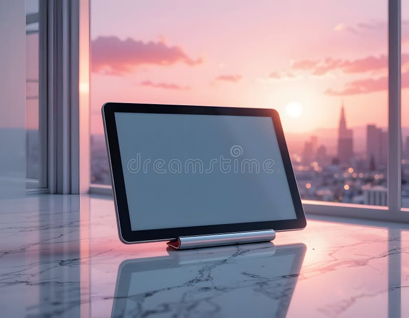 Tablet Display on Marble Countertop with City Skyline at Sunset Stock ...