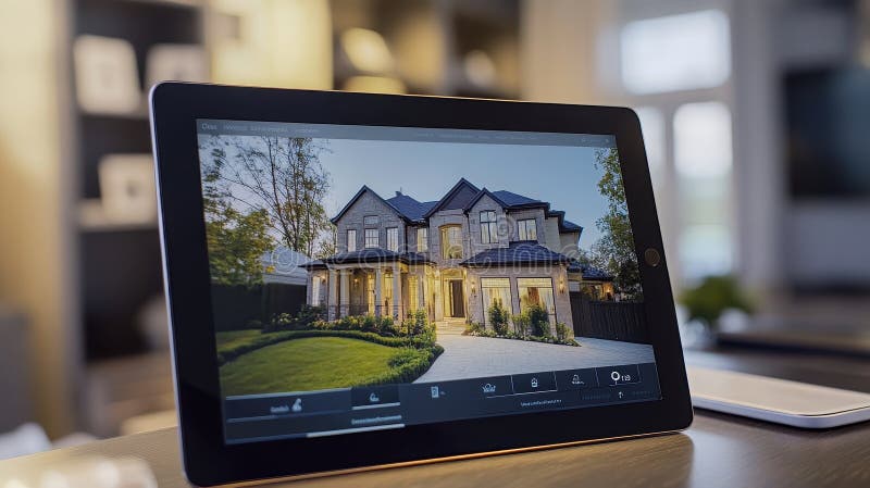 A Tablet Displaying an Architectural Rendering of a Modern House in a ...