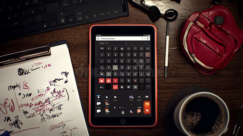 Tablet Displaying Calculator App on a Desk with Coffee, Keyboard, and ...
