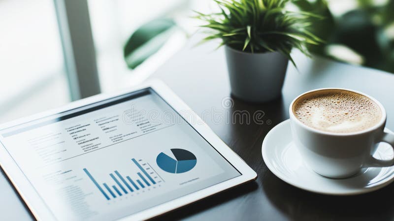 Tablet Displaying Charts and Graphs Next To Coffee Cup and Potted Plant ...