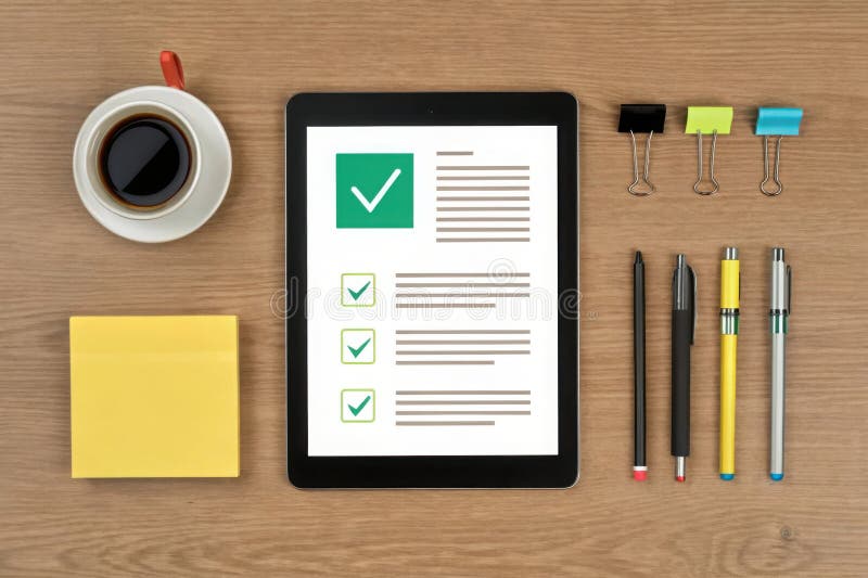 Tablet Displaying a Completed Checklist with a Coffee Cup Sticky Notes ...