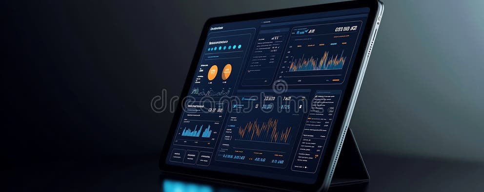 Tablet Displaying Complex Data Visualizations on a Dark Reflective ...