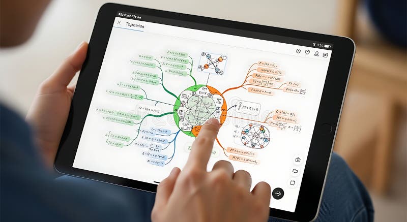 Tablet Displaying Complex Mathematical Mind Map with Finger Pointing ...