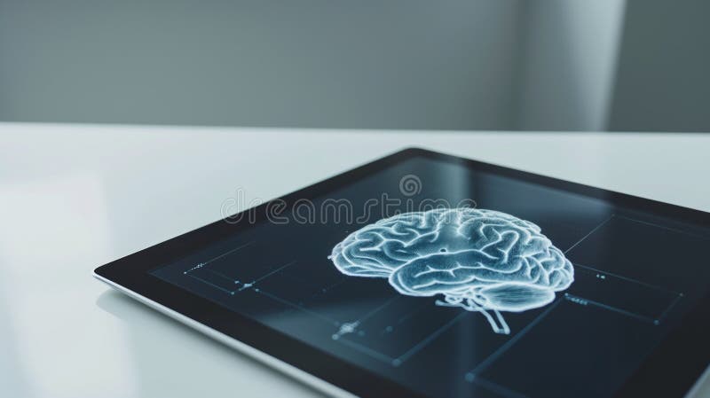 Tablet Displaying a 3D Digital Brain Scan on a White Table. Concept of ...