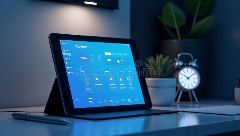 Tablet Displaying a Dashboard Interface on a Desk with Plants and an ...