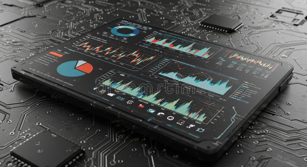 Tablet Displaying Data Analytics on a Dark, Abstract Circuit Board ...
