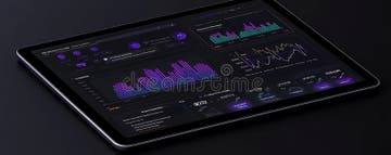 Tablet Displaying Data Analytics Dashboard with Charts and Graphs in Dark Mode Stock ...