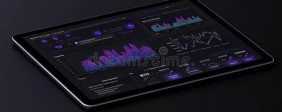 Tablet Displaying Data Analytics Dashboard with Charts and Graphs in Dark Mode Stock ...