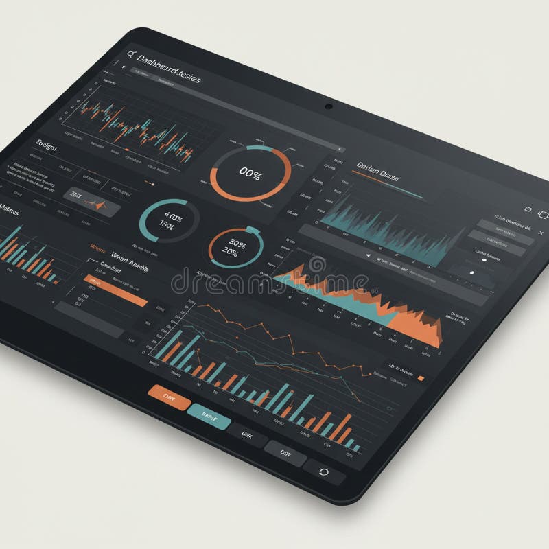 Tablet Displaying a Data Analytics Dashboard. Features a Dark Theme with Graphs Stock ...