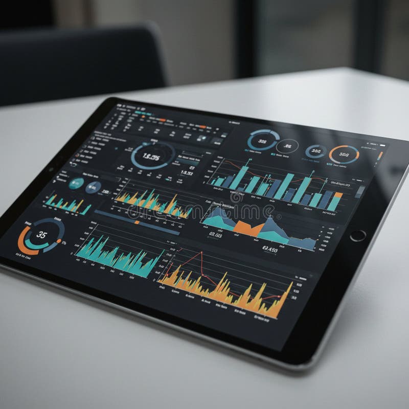 Tablet Displaying a Data Dashboard with Various Charts and Graphs. Features Include Stock ...