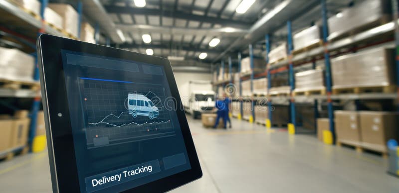 Tablet Displaying Delivery Tracking Software in a Large Warehouse with ...