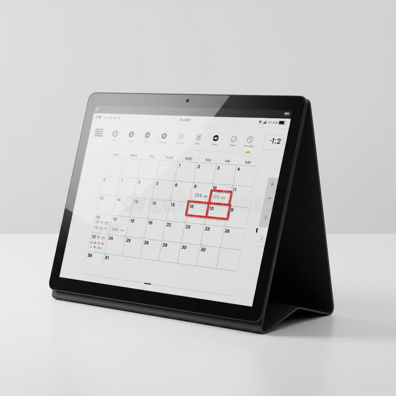 Tablet Displaying a Digital Calendar, Mounted on a Black Case with a ...