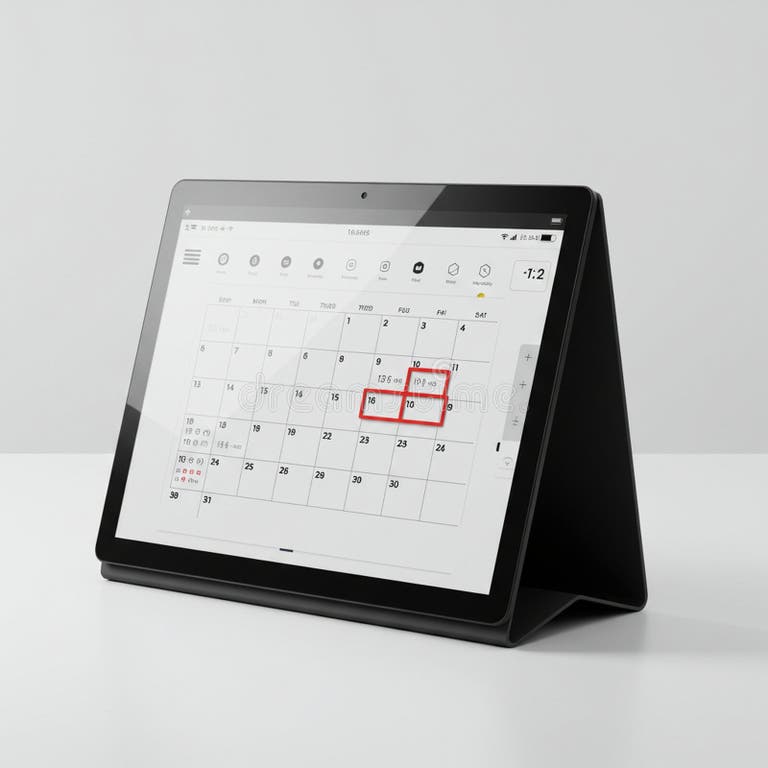 Tablet Displaying a Digital Calendar, Mounted on a Black Case with a ...