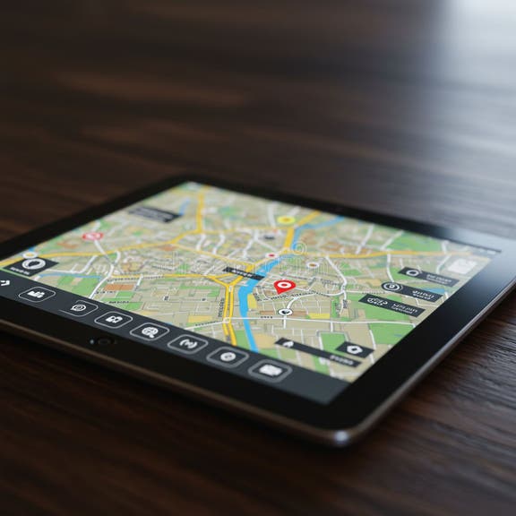 A Tablet Displaying a Digital Map with a Marked Red Location Pin, Lying ...