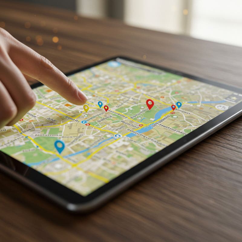 Tablet Displaying a Digital Map with Multicolored Pins Indicating ...