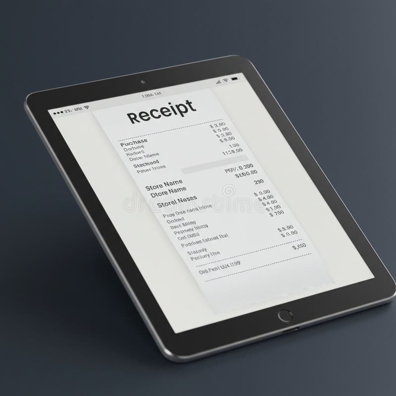 Tablet Displaying a Digital Receipt on Its Screen, Angled Against a ...
