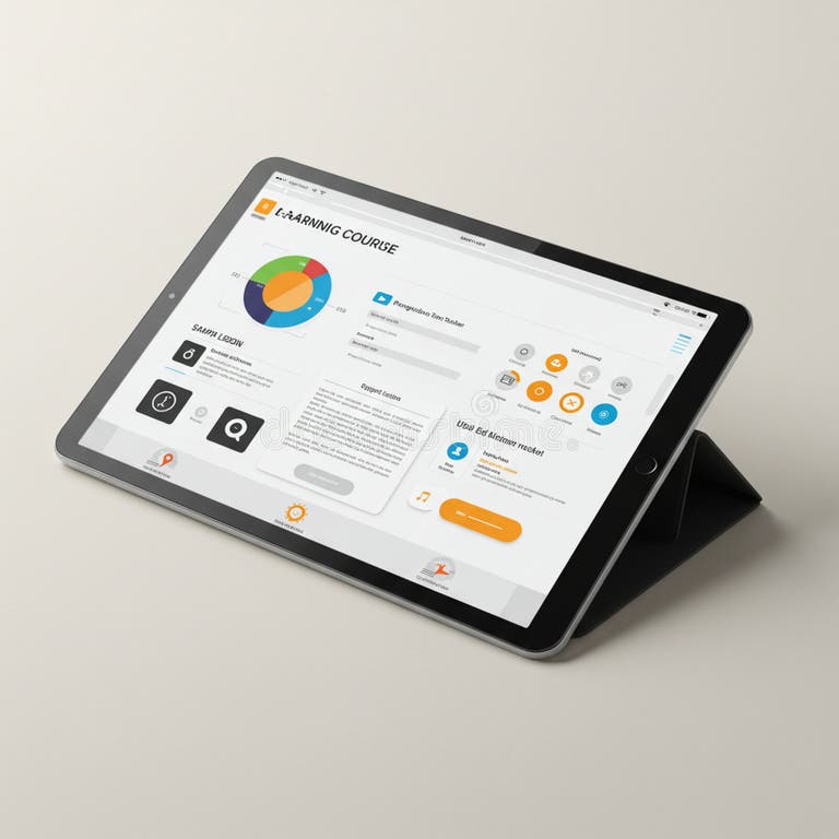 Tablet Displaying an E-learning Course Interface, Positioned on a Stand ...