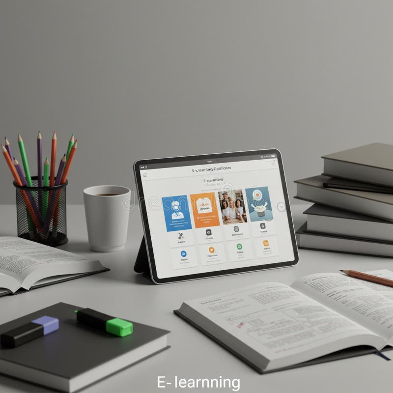 A Tablet Displaying an E-learning Platform Interface is Propped Up on a ...