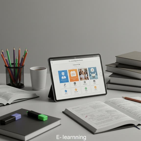 A Tablet Displaying an E-learning Platform Interface is Propped Up on a ...