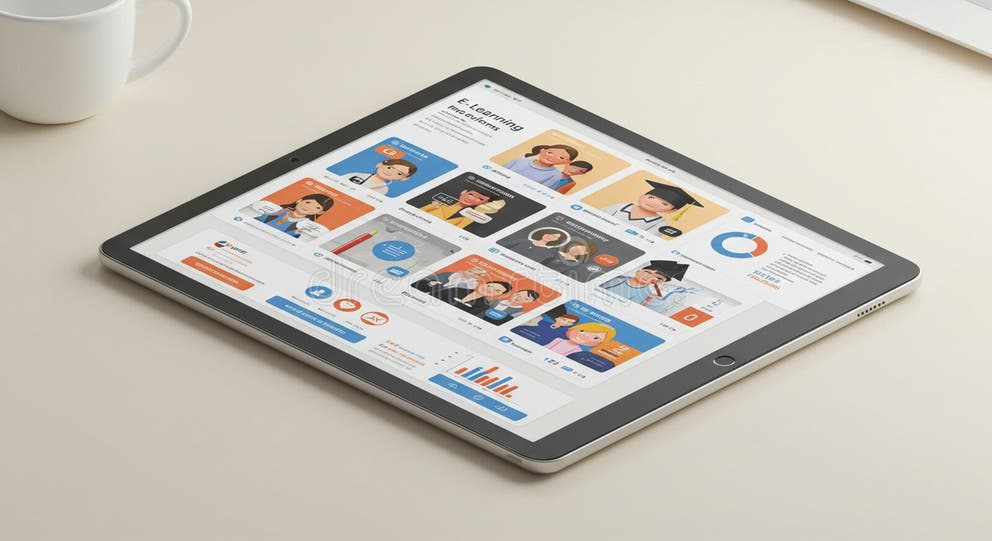 Tablet Displaying an Educational App Interface on a Beige Surface. the ...