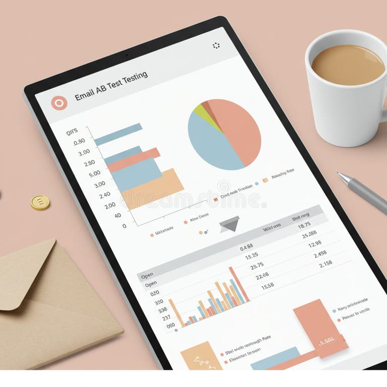Tablet Displaying Email a B Testing Data, Featuring Bar and Pie Charts ...
