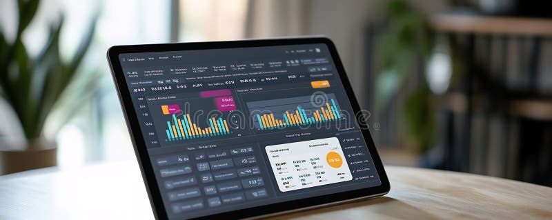 Tablet Displaying Financial Graphs and Data on a Wooden Table Indoors ...