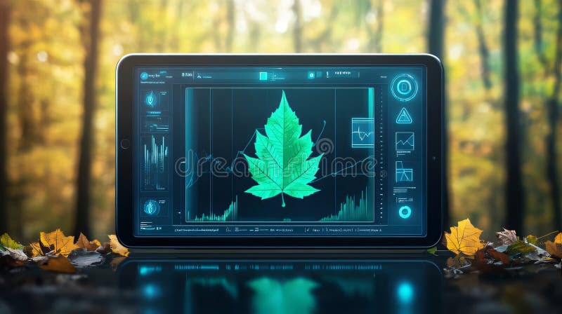 Tablet Displaying Green Leaf in Forest Setting with Fallen Leaves Stock ...