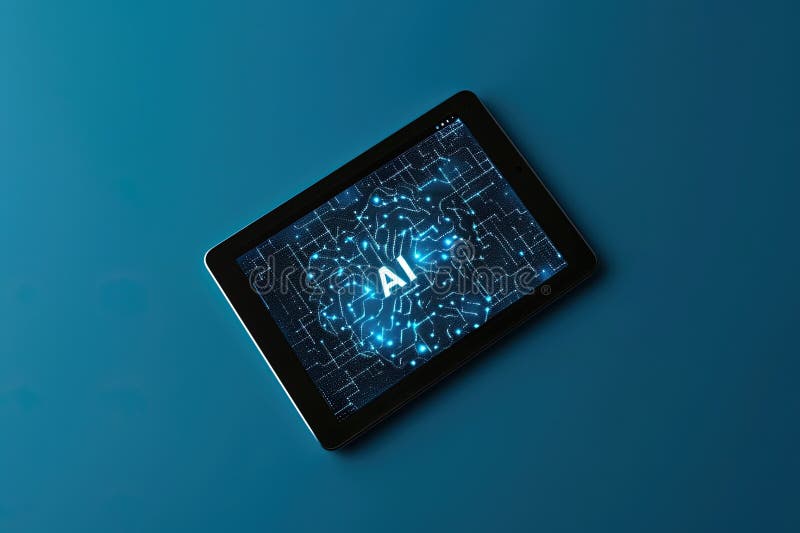 Tablet Displaying an Intricate AI Brain Pattern on a Blue Background ...