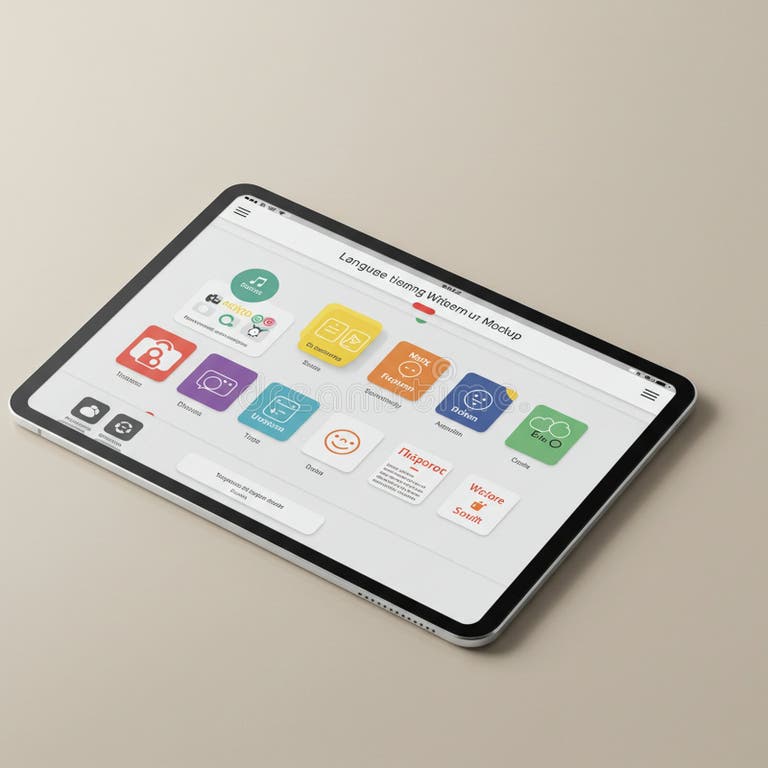 Tablet Displaying a Language Learning App Interface on a Beige Surface ...