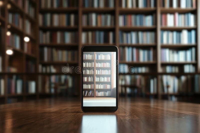 Digital Library Concept with Tablet on Wooden Table Stock Illustration ...