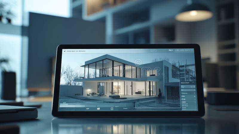 A Tablet Displaying a Modern Architectural Design of a House in a ...
