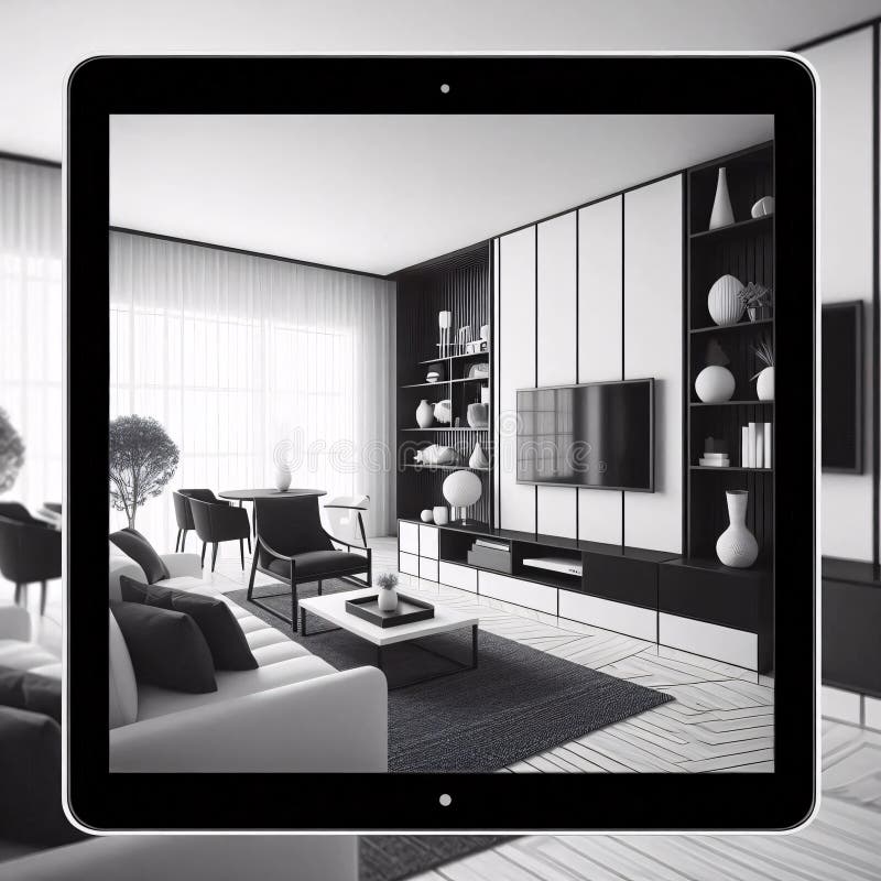 Tablet Displaying a Modern Living Room Interior in Black and White ...