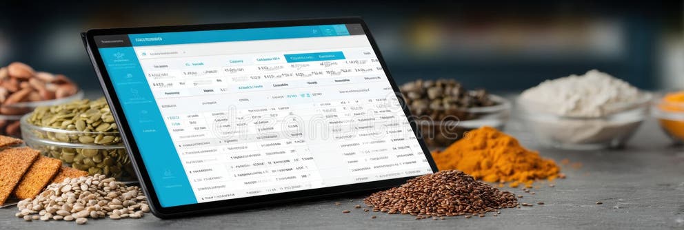 Tablet Displaying Nutritional Data Surrounded by Various Seeds and ...