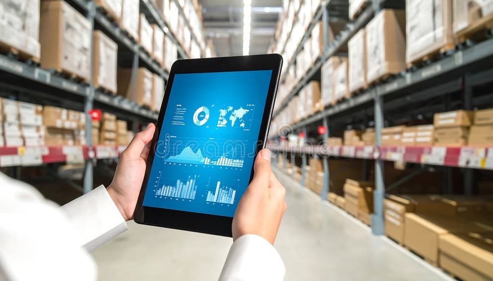 Tablet Displaying Performance Analytics Inside a Warehouse. Illustrates ...