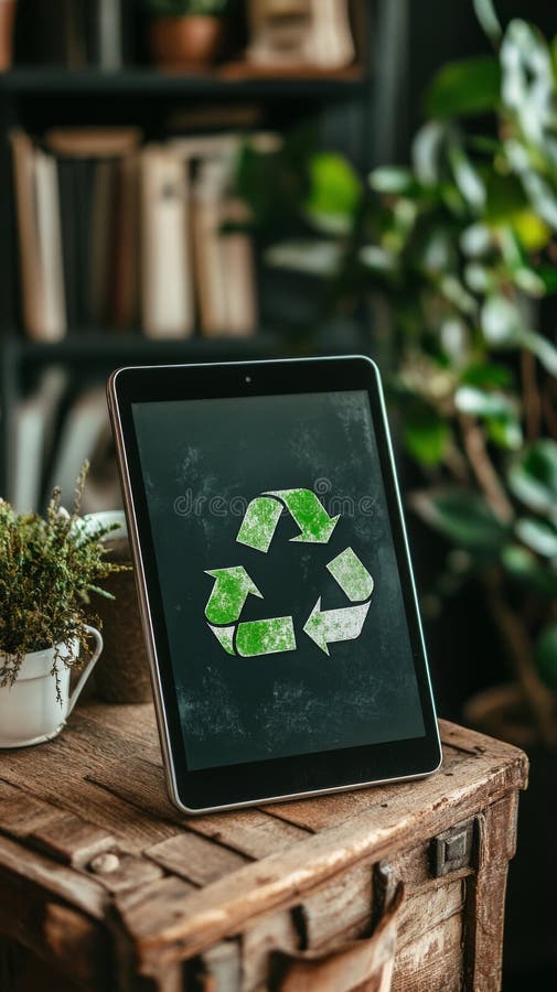 A Tablet Displaying a Recycling Symbol Surrounded by Greenery in a ...