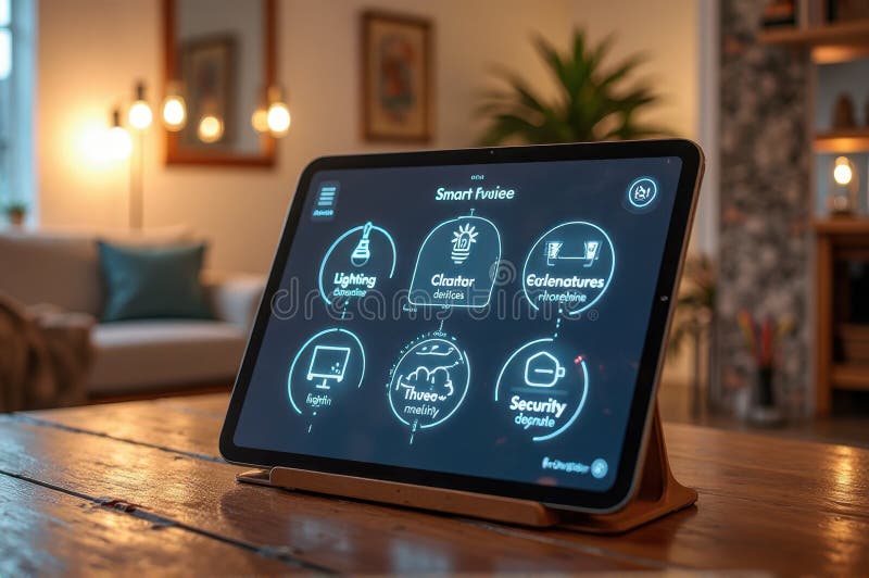 Smart Home Control Interface Tablet Cozy Living Room Setting Stock ...