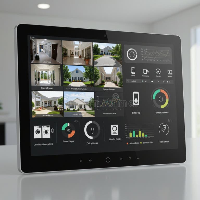 Tablet Displaying a Smart Home Interface with Multiple Functions. Stock ...