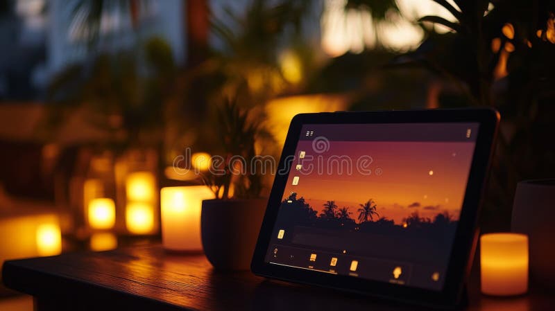Tablet Displaying Sunset Scene at Night Surrounded by Candles and ...