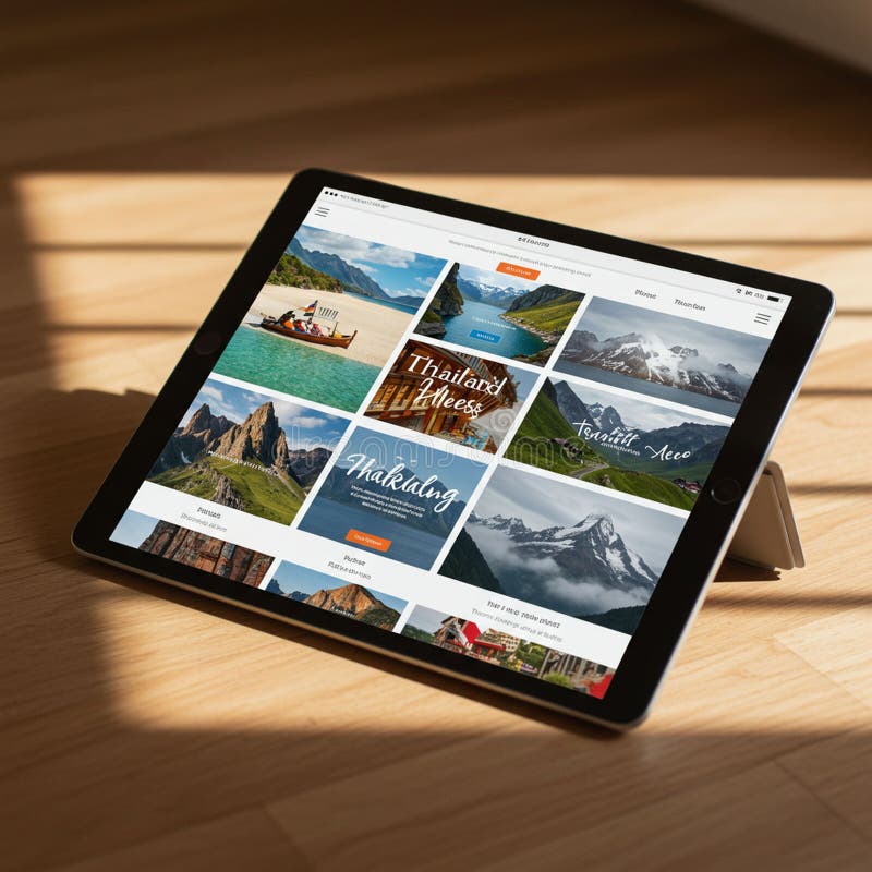 Tablet Displaying a Travel-themed Website or App Interface, Featuring a ...