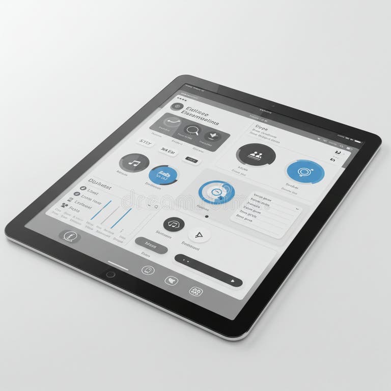 Tablet Displaying a User Interface with Multiple Widgets in Monochrome ...