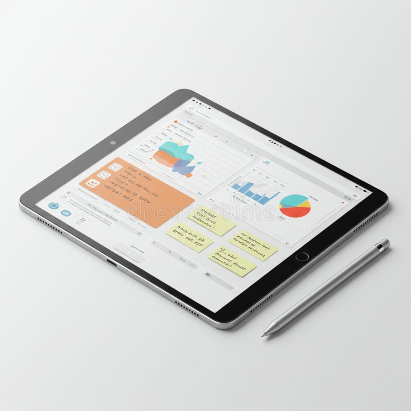 Tablet Displaying a User Interface with Various Graphs and Charts, Including a Line Stock ...