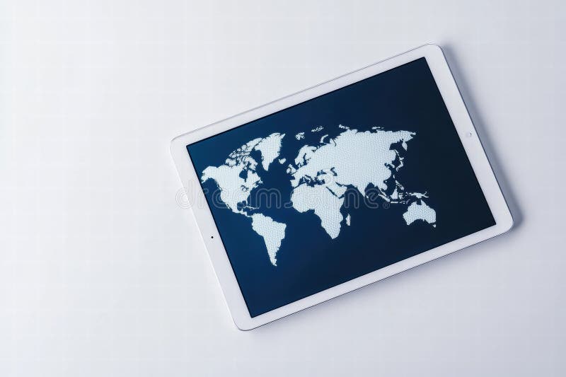 Tablet Displaying a World Map on a Clean Workspace with Ample Copy ...